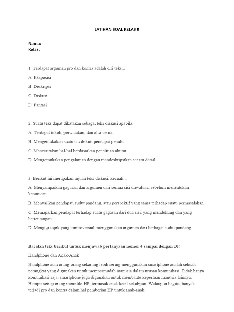 Latihan Soal Diskusi Kelas 9 | PDF