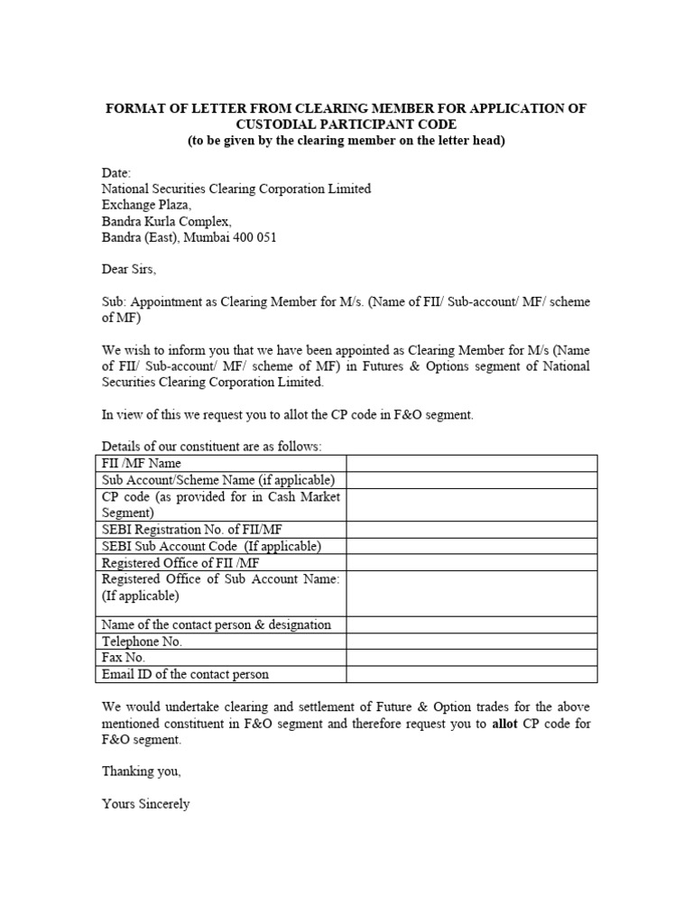 Format of Letter From Clearing Member For Application of Custodial Participant Code | PDF