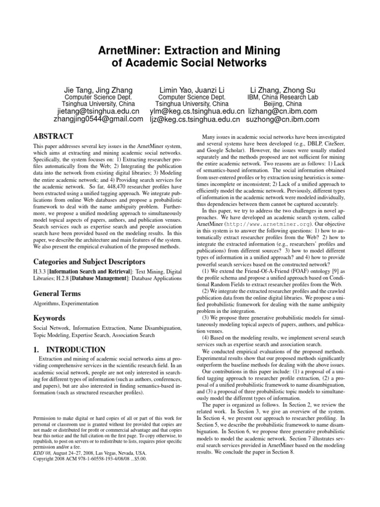 KDD08 Tang Et Al ArnetMiner | PDF | Tag (Metadata) | Search Engine Indexing