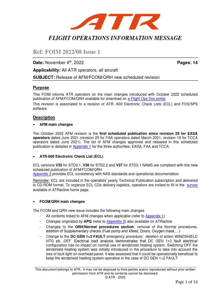 ATR Flight Operations Update: AFM/FCOM/QRH | PDF | Transport | Aeronautics