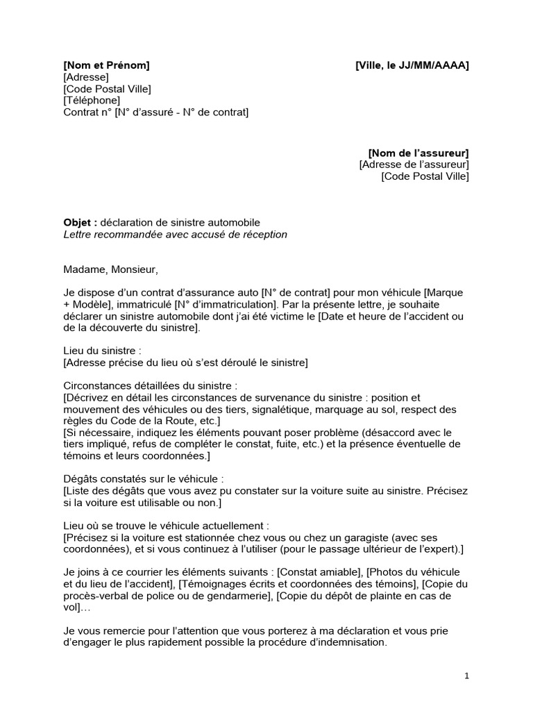 Modele Lettre Declaration Sinistre Auto | PDF Modele Lettre Declaration Sinistre Auto | PDF