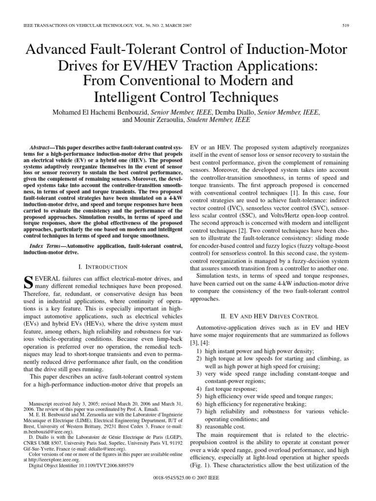 Ieee TVT 2007 Benbouzid | PDF | Electric Motor | Control Theory