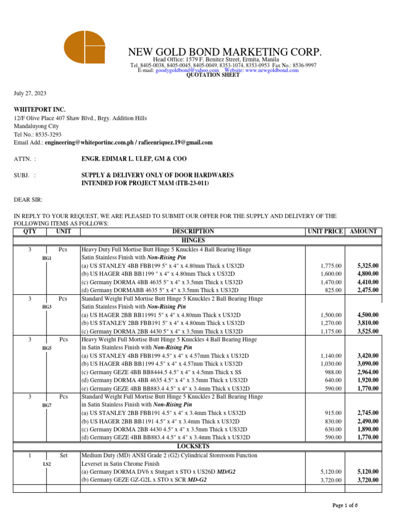 2023-July-New Gold Bond - Project Mam Formal Quotation | PDF | Door ...