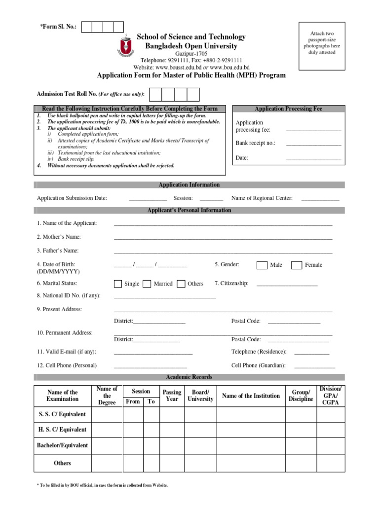 School of Science and Technology Bangladesh Open University: Application Form For Master of ...