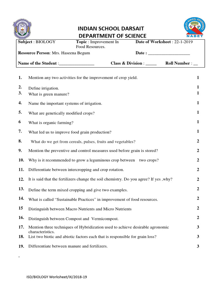 CLASS - IX Improvement FOOD - RESOURCES WORKSHEET | PDF | Agriculture ...