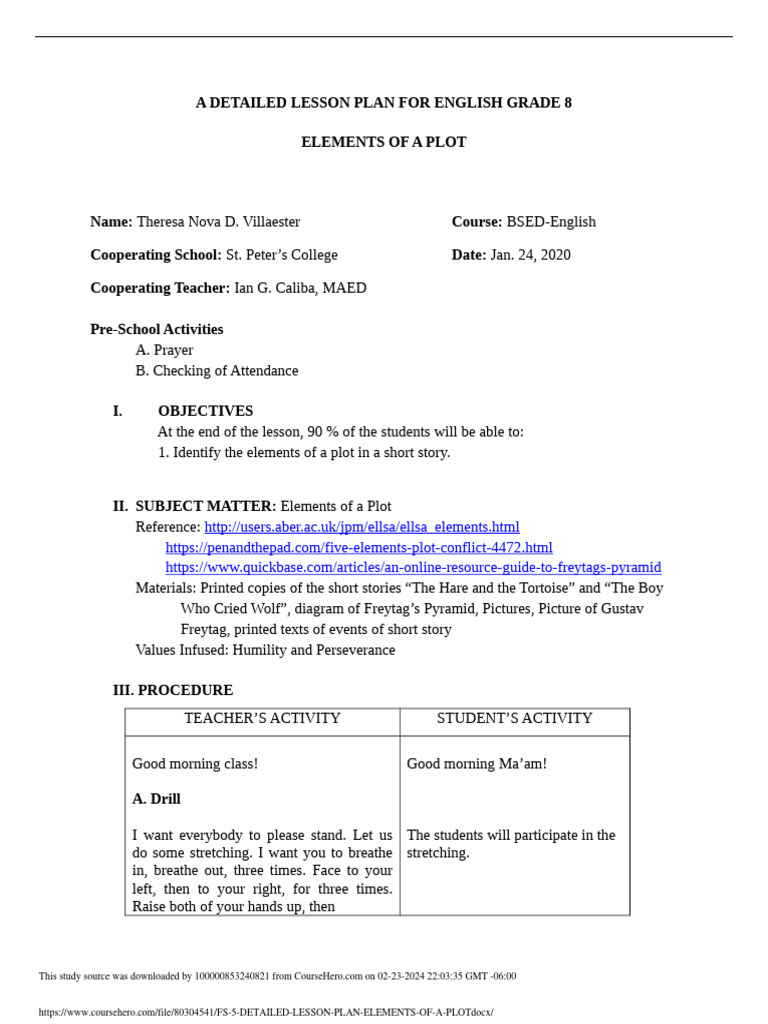 FS 5 Detailed Lesson Plan Elements of A Plot | Download Free PDF | Plot ...