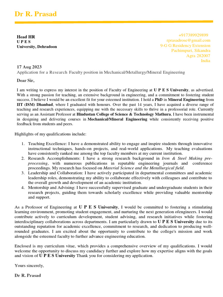 Cover Letter Upes | PDF | Engineering | Mentorship