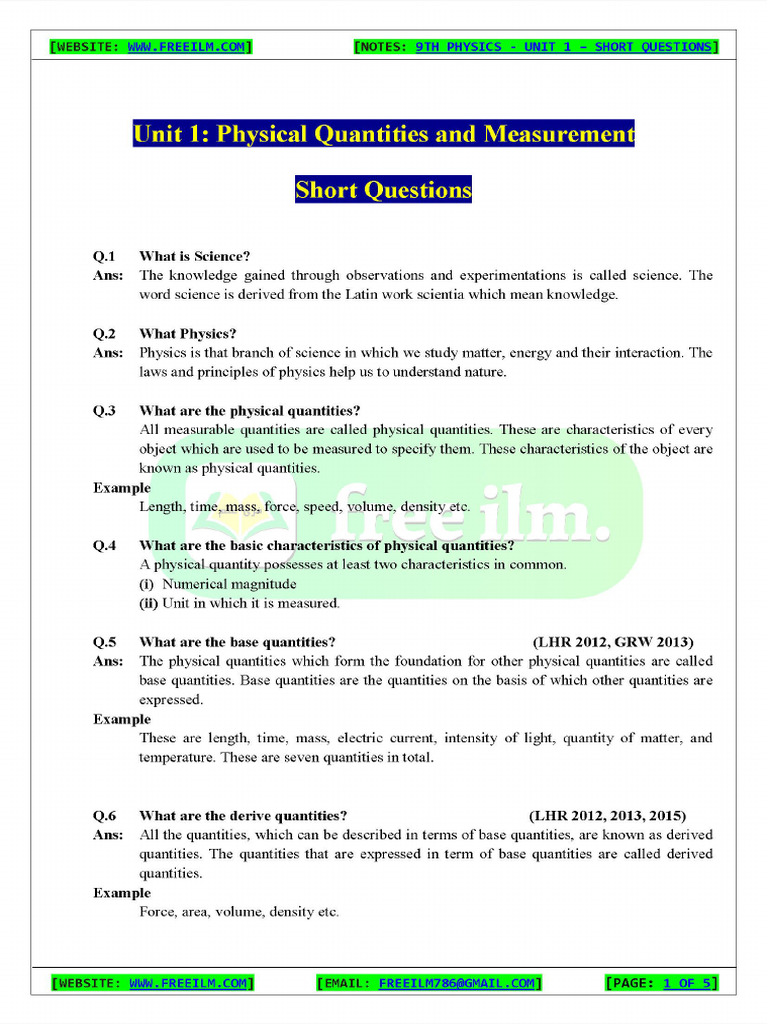 9th Phy CH 1 Short Q | PDF