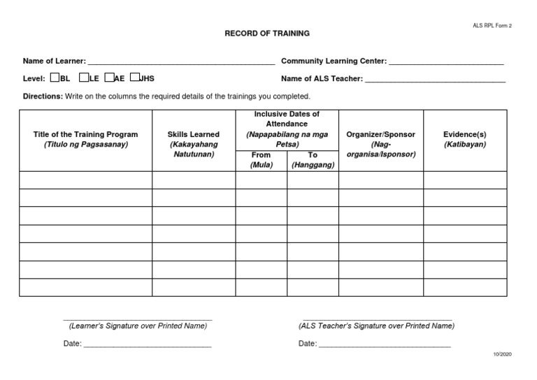 RPL Form 2-Record of Training | PDF
