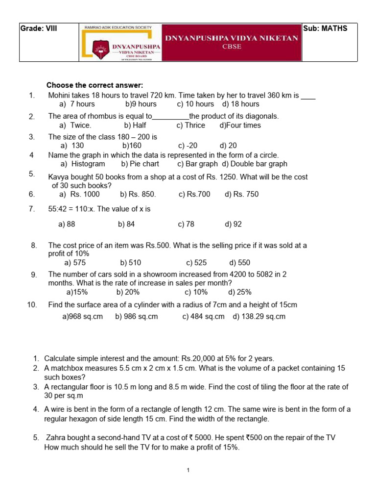 Grade 8 - Maths Worksheet | PDF | Rectangle | Geometry