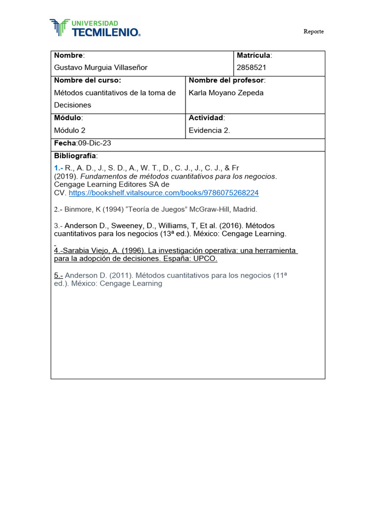 Evidencia - 2 Metodos Cuantitativos de La Toma de Desiciones | PDF