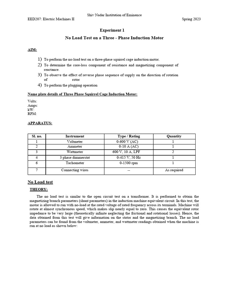 No Load Test on 3-Phase Induction Motor | PDF | Electric Motor ...