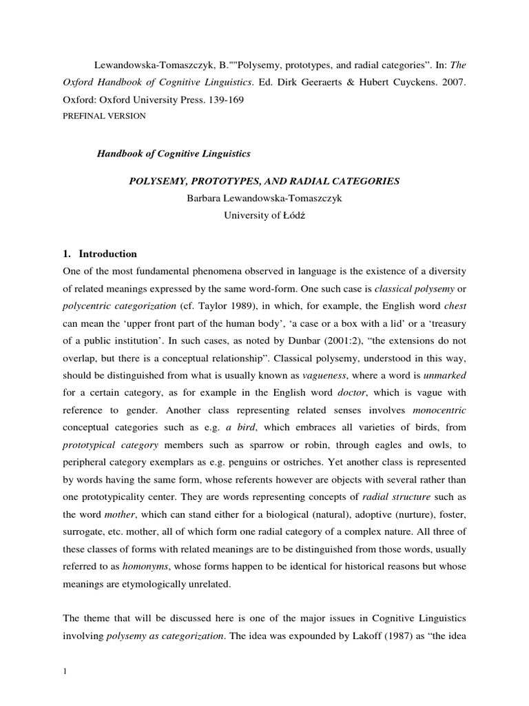 Polysemy and Prototypes in Linguistics | PDF | Concept | Definition