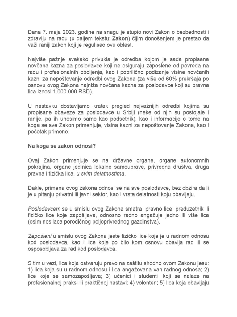 Zakon o Bezbednosti I Zdravlja Na Radu | PDF