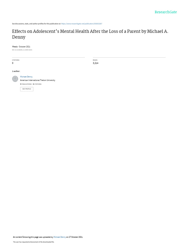 Effects On Adolescent's Mental Health After The Loss of A Parent by ...