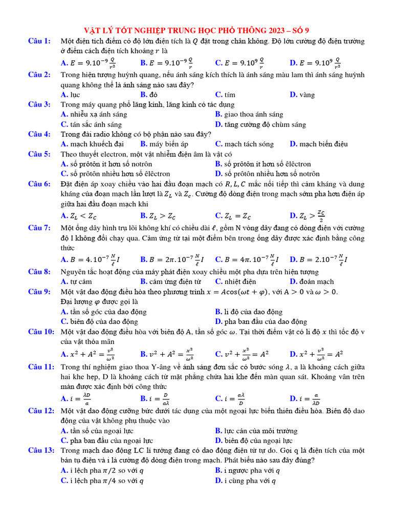 09. 2023 - Môn Vật Lý Đề TN SO 09 CoDapAn | PDF