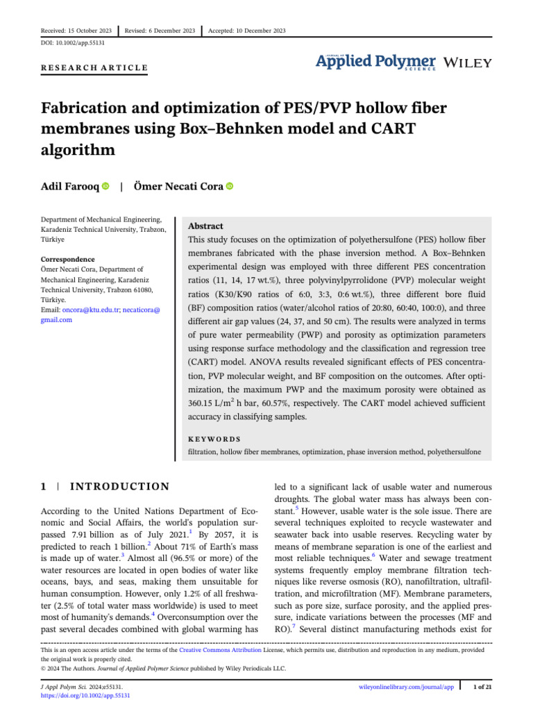 Fabrication and Optimization of PES PVP Hollow Fiber Membranes Using Box-Behnken Model and CART ...