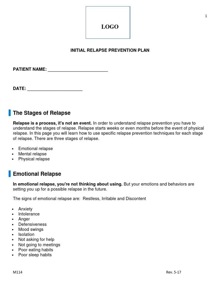 Relapse Prevention Plan 2 | PDF | Relapse | Anxiety