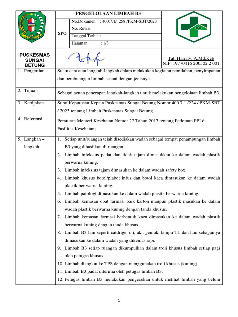 Spo Pengelolaan Limbah B3 | PDF