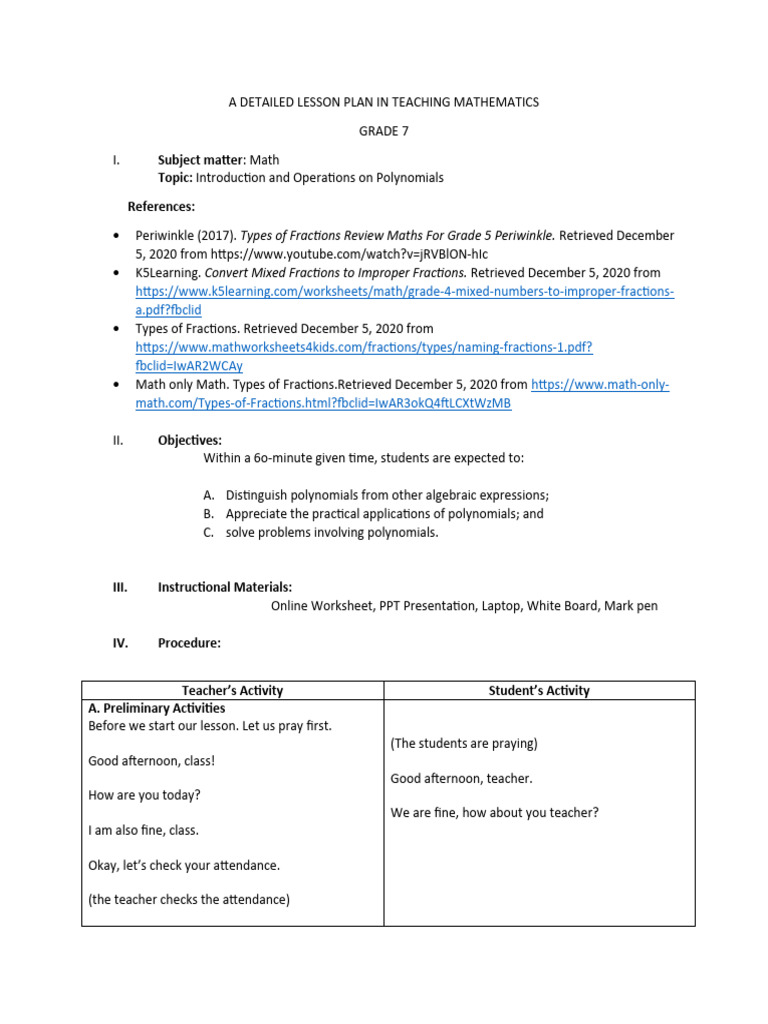Diagnotic Teaching - Lesson Plan (For Reference) | PDF | Mathematical Objects | Mathematical ...