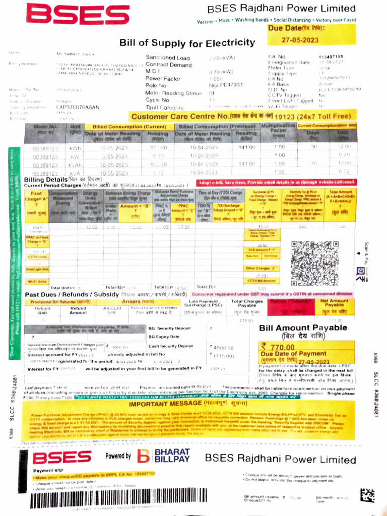 BSES Electricity Bill Summary 2023 | PDF