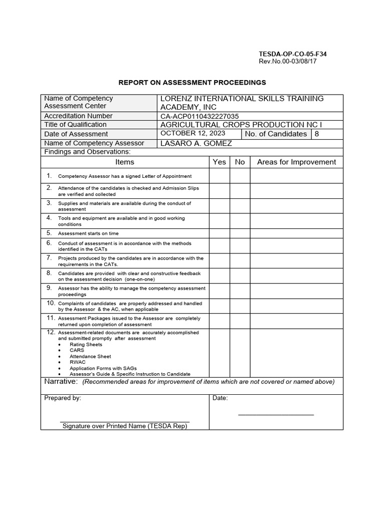 Tesda Op Co 05 F34 Report On Assessment Proceedings | PDF Tesda Op Co 05 F34 Report On Assessment Proceedings | PDF