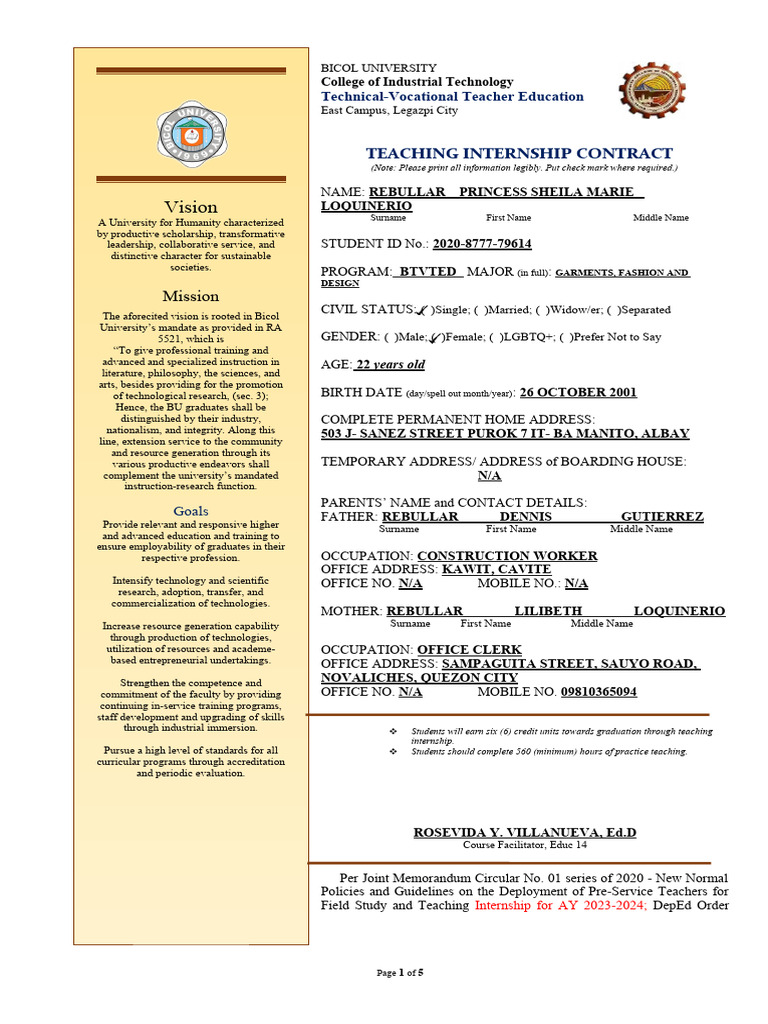 Teaching Internship Contract 22 23 | PDF | Teachers | Behavior Modification