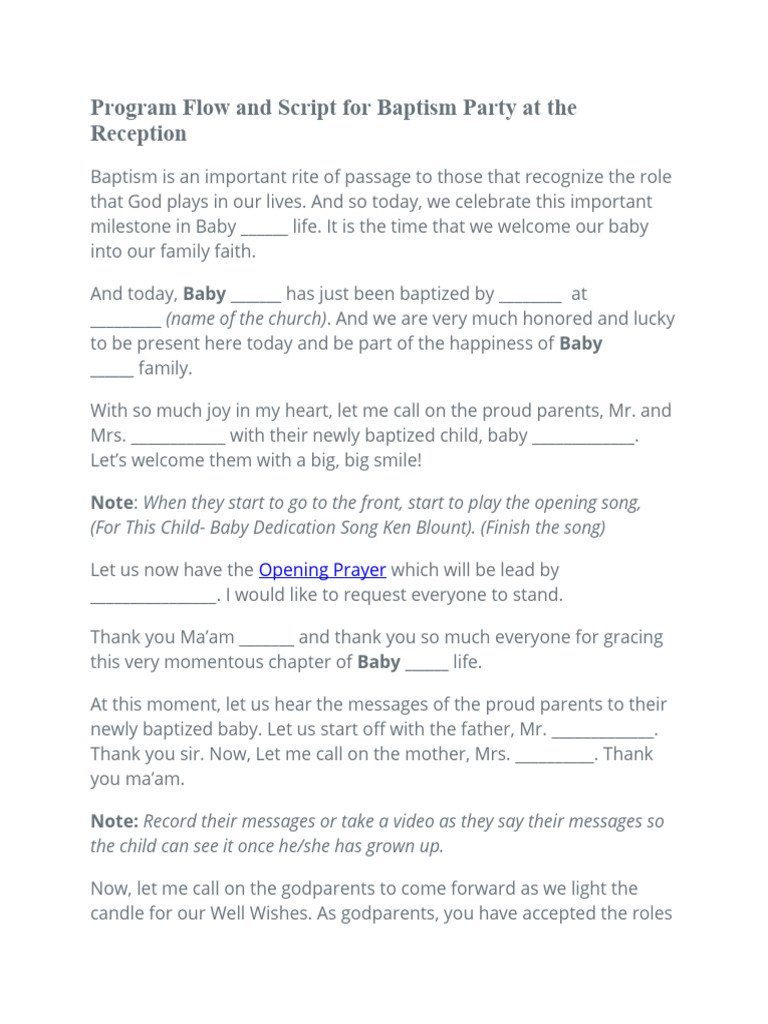 Program Flow and Script For Baptism Party at The Reception | PDF