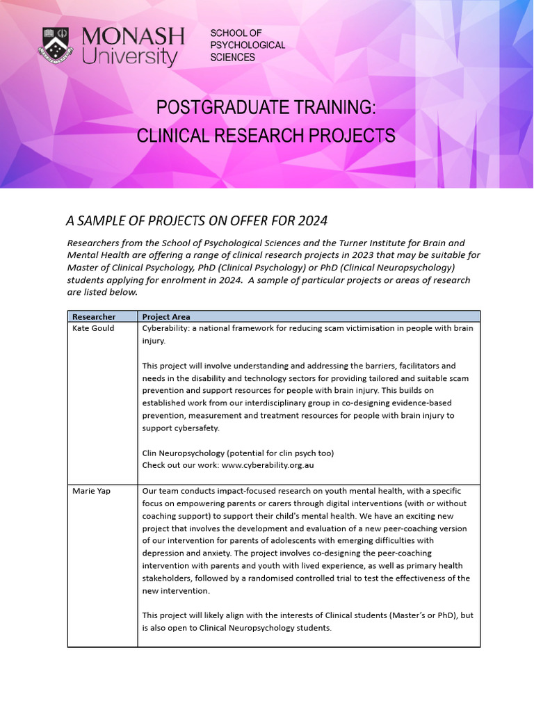 List of Clinical Research Projects For 2024 - 24oct23 | PDF | Mental ...