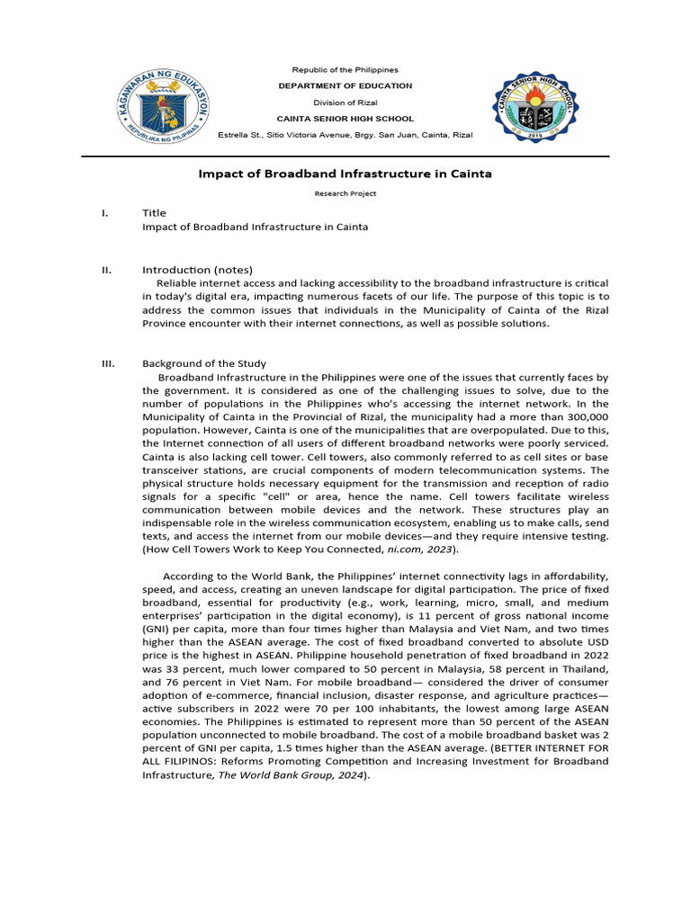 CSHS-Impact of Broadband Infrastructure in Cainta-Research-Project | PDF | Broadband ...