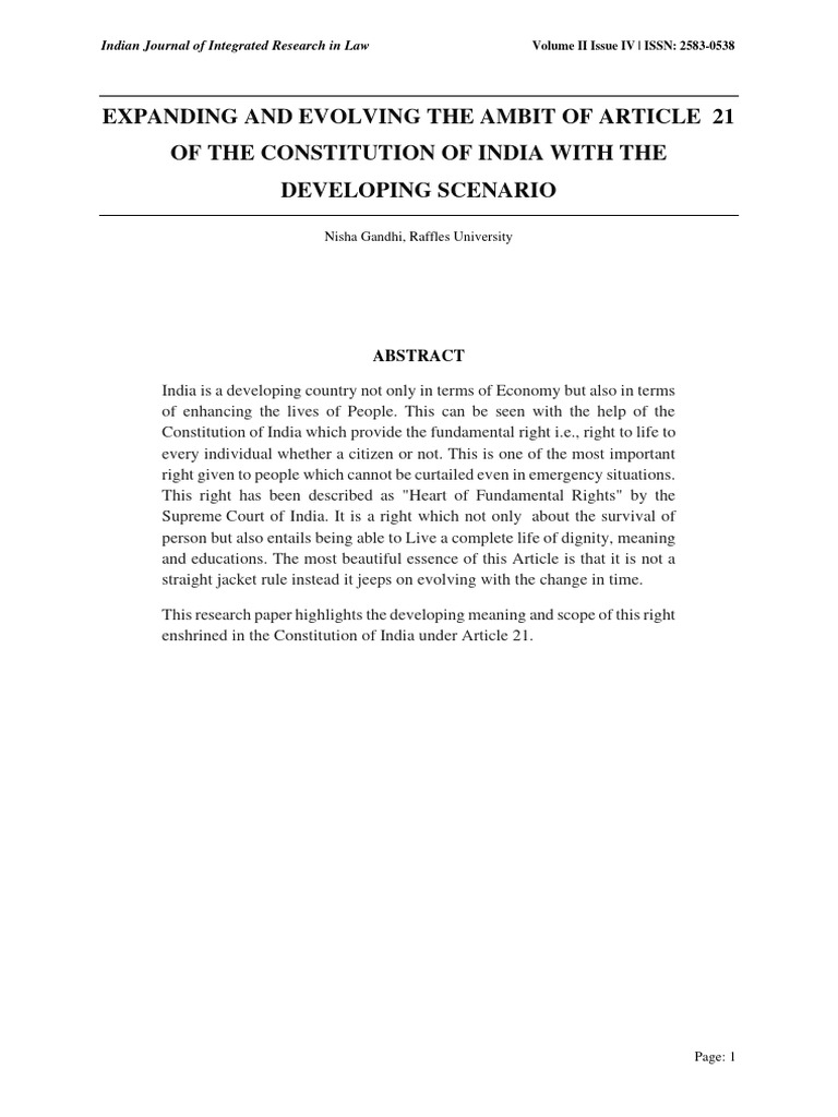 Expanding and Evolving The Ambit of Article 21 of The Constitution of ...