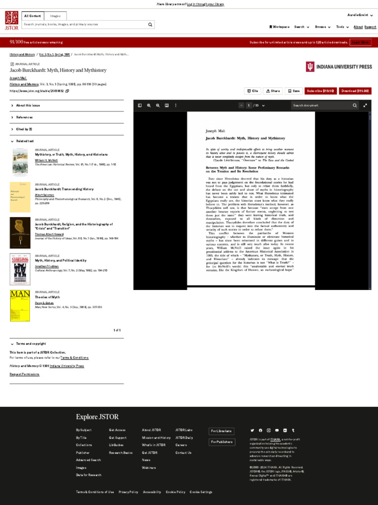 Jacob Burckhardt - Myth, History and Mythistory On JSTOR | PDF