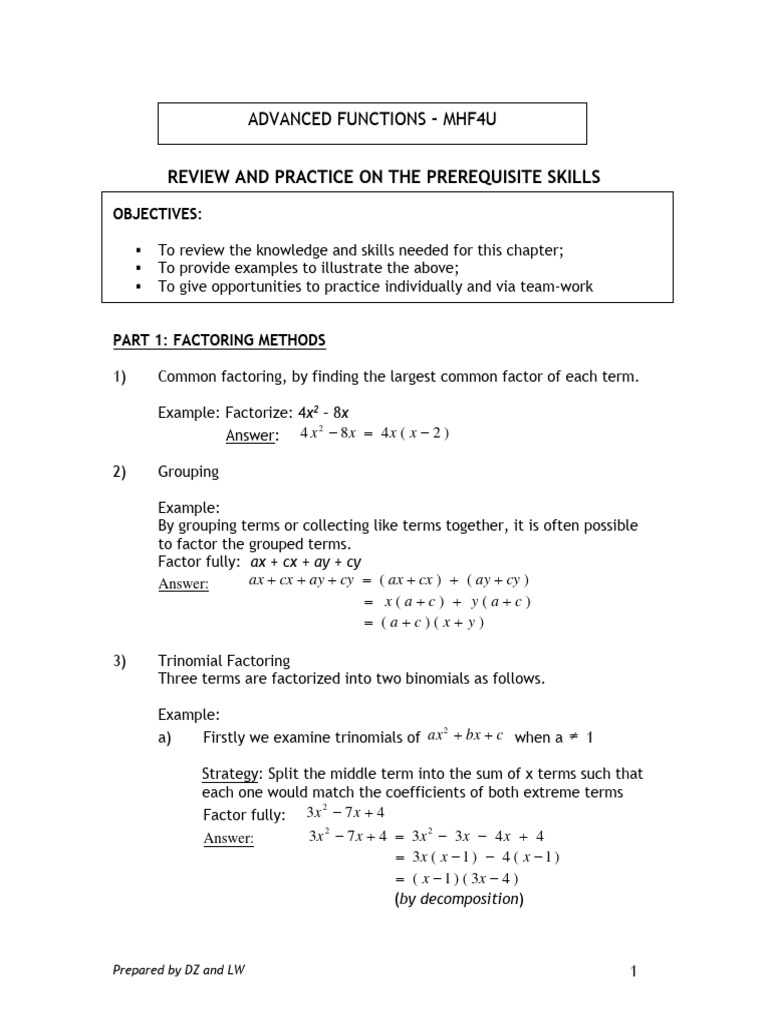 0a.review of Pre-Requisite Skills - Ja21 (Answers) | PDF | Equations | Factorization