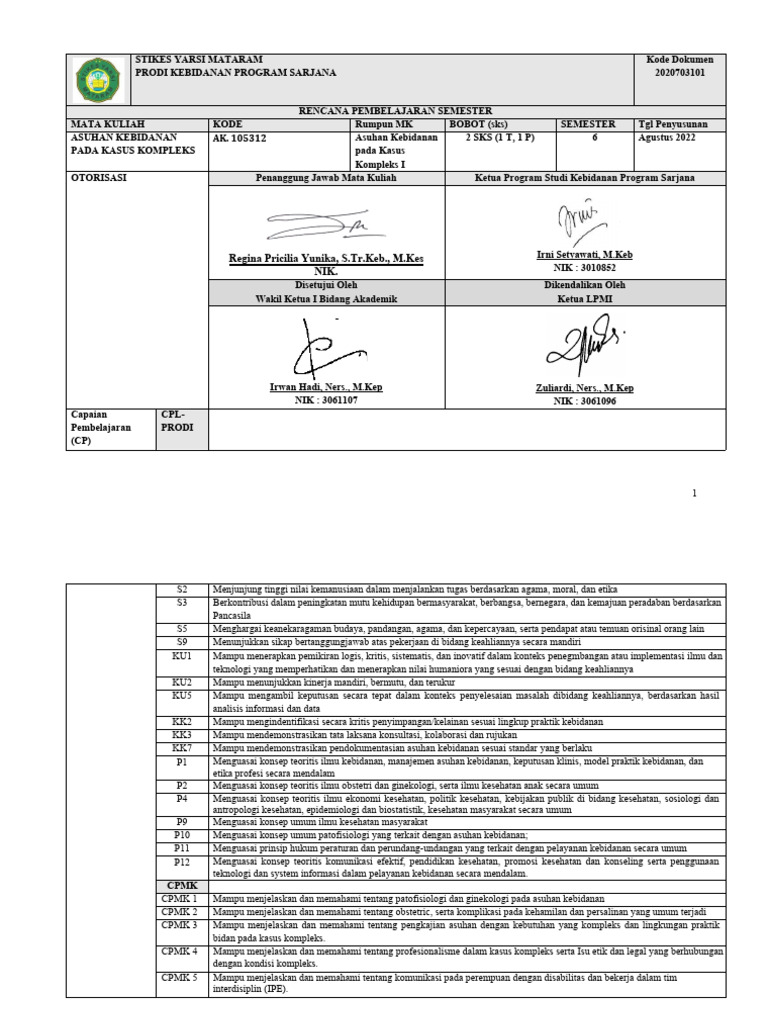Contoh RPS ASUHAN KEBIDANAN PADA KASUS KOMPLEKS 2022 | PDF