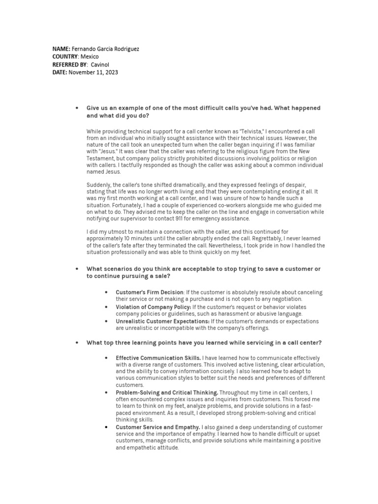 Call Center Statement Responses - Written | PDF | Empathy | Communication