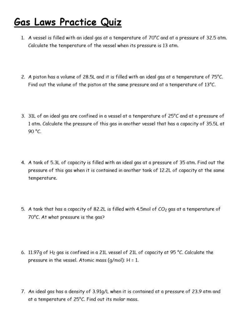 Gas Laws Practice Quiz Questions | PDF