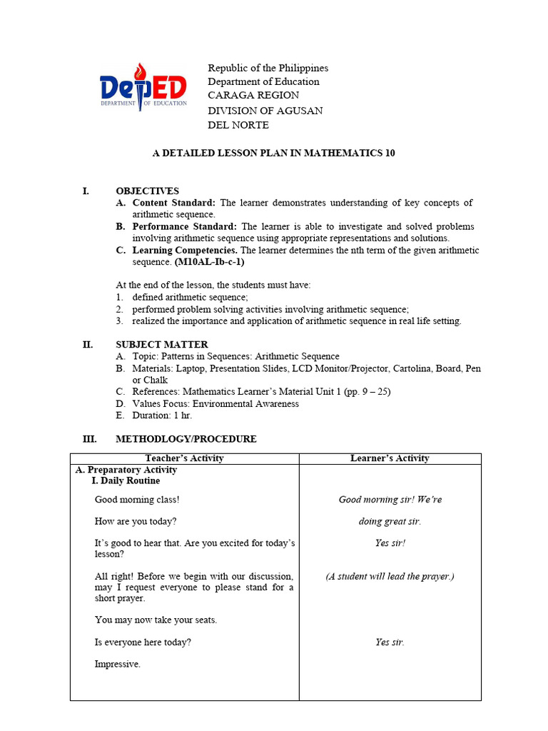 Detailed Lesson Plan in Mathematics 10 | PDF | Sequence | Learning