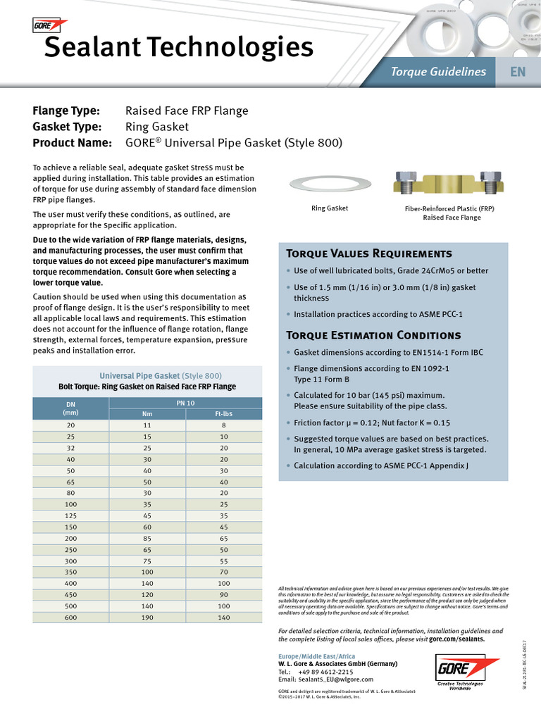 GORE Torque Table en Raised FRP Ring UPG Dec2017 | PDF | Pipe (Fluid ...