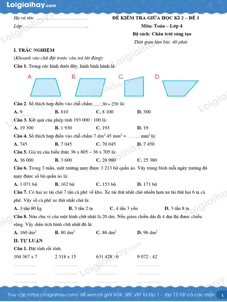 De Kiem Tra Giua Hoc Ki 2 Toan 4 Chan Troi Sang Tao de So 1 1706078431 | PDF