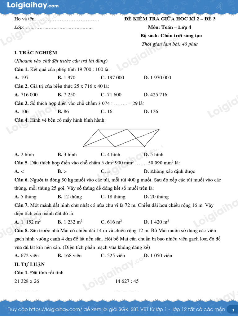 De Kiem Tra Giua Hoc Ki 2 Toan 4 Chan Troi Sang Tao de So 3 1706078670 Đã G P | PDF