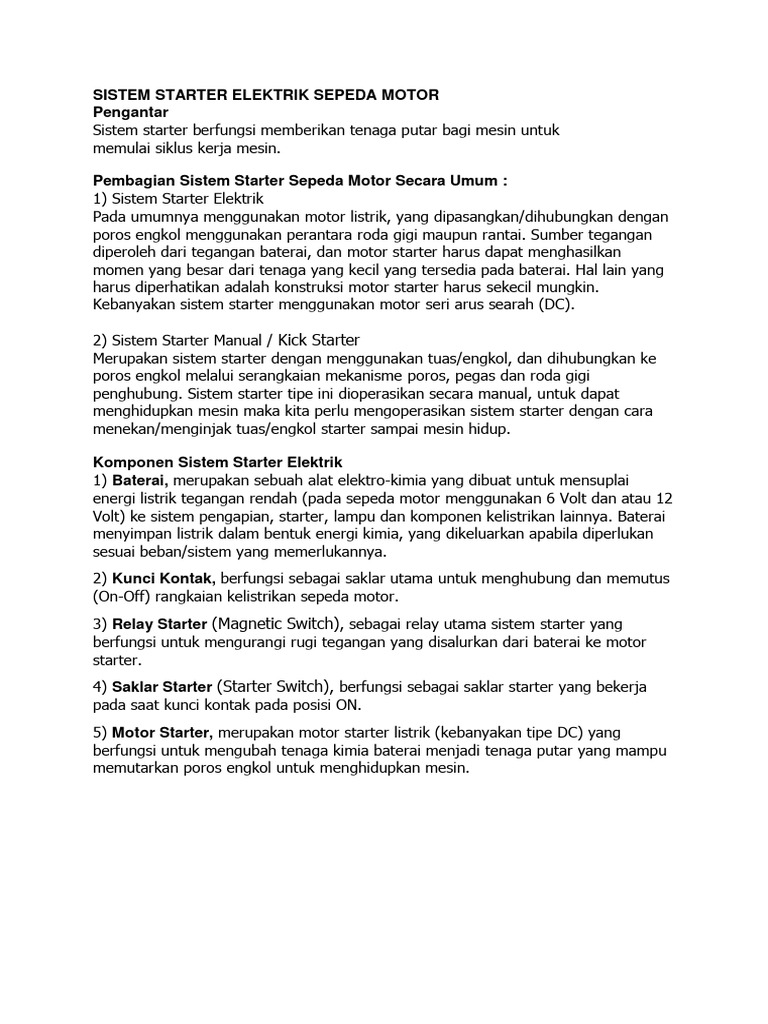 Sistem Starter Elektrik Sepeda Motor | PDF