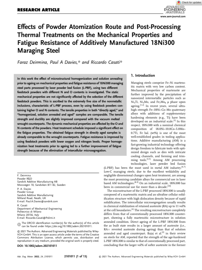 Effects of Powder Atomization Route and Post-Processing Thermal Treatments On The Mechanical ...