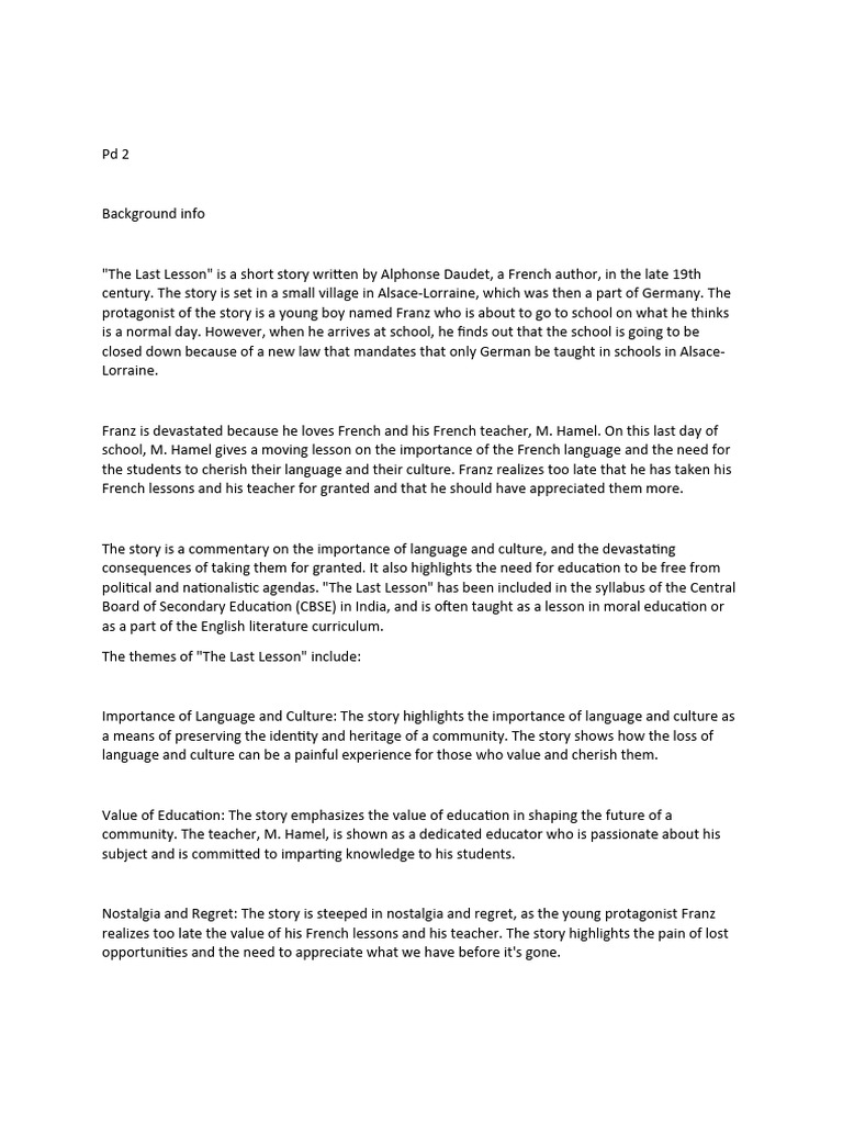 Themes and Analysis of "The Last Lesson" | PDF | Nationalism | Nostalgia