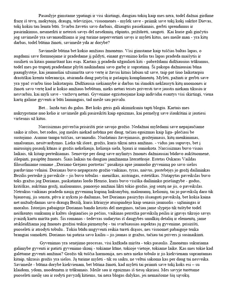 Savimeilė - Yda Ar Dorybė? Oskaras Vaildas ,,doriano Grėjaus Portretas" | PDF