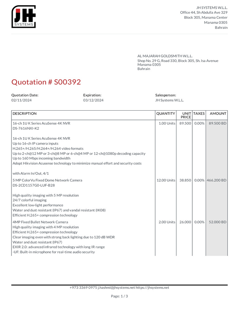 Security Equipment Quotation Bahrain | PDF
