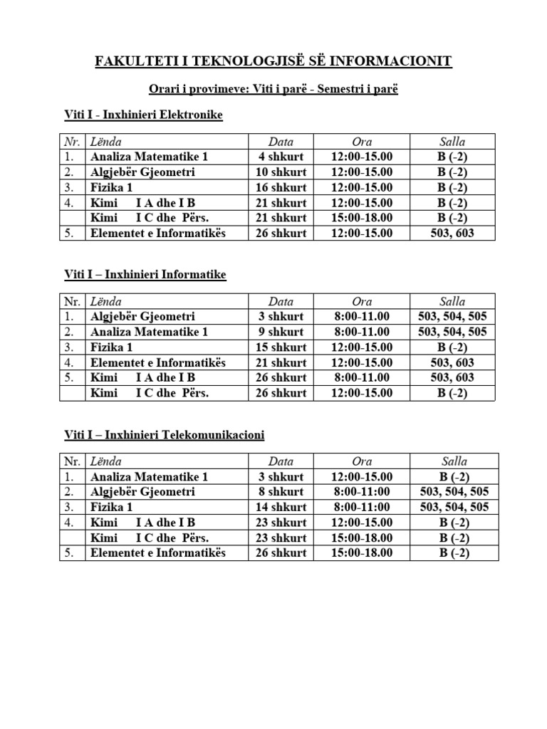 Orari - Provime - Viti I Pare | PDF