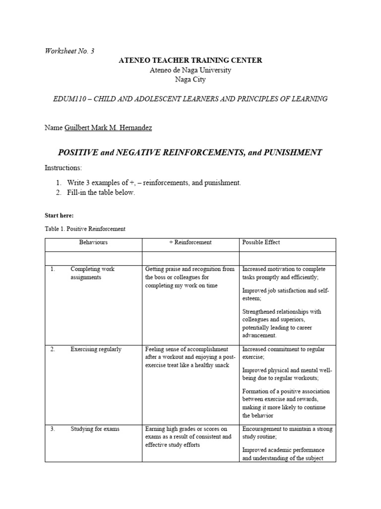 Positive and Negative Reinforcement Worksheet | PDF | Reinforcement ...