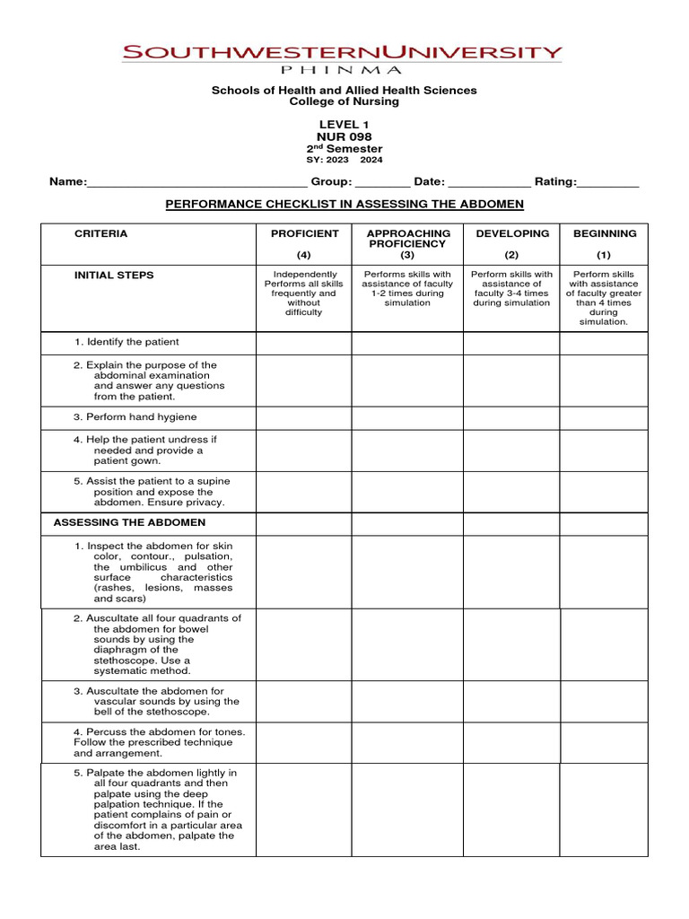 Performance Checklist in Assessing The Assessing The Abdomen | PDF ...