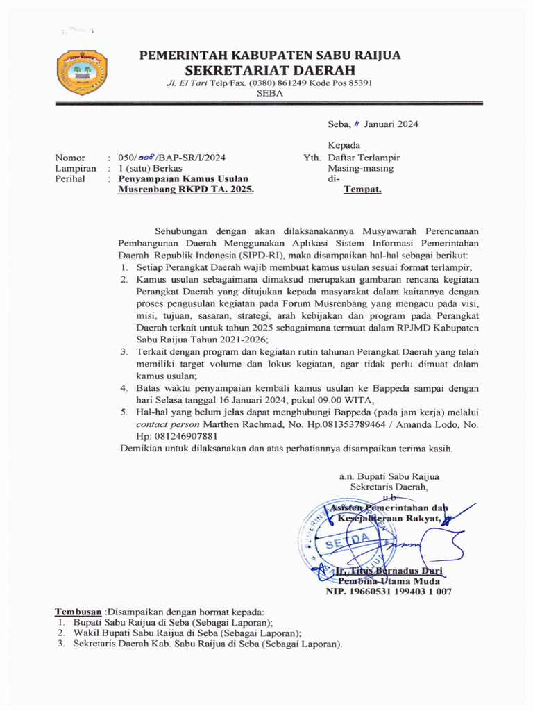 Penyampaian Kamus Usulan Musren RKPD Ta 2025. | PDF