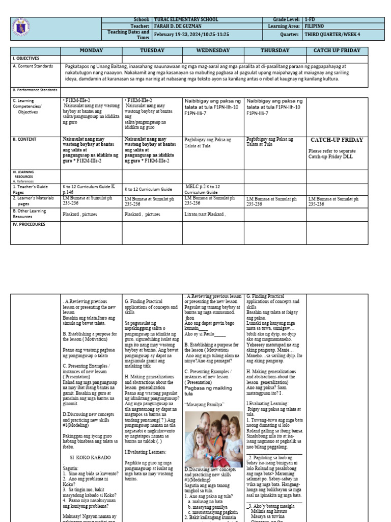 DLL Filipino Q3 W4 | PDF